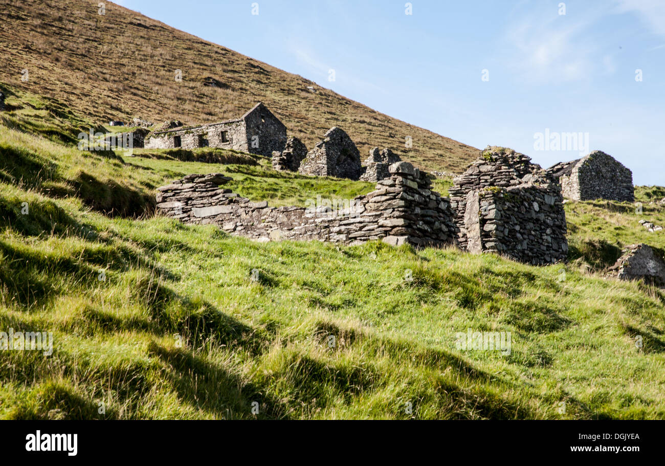 Ruins of a discarded village on a steep slope on Great Blasket Island ...