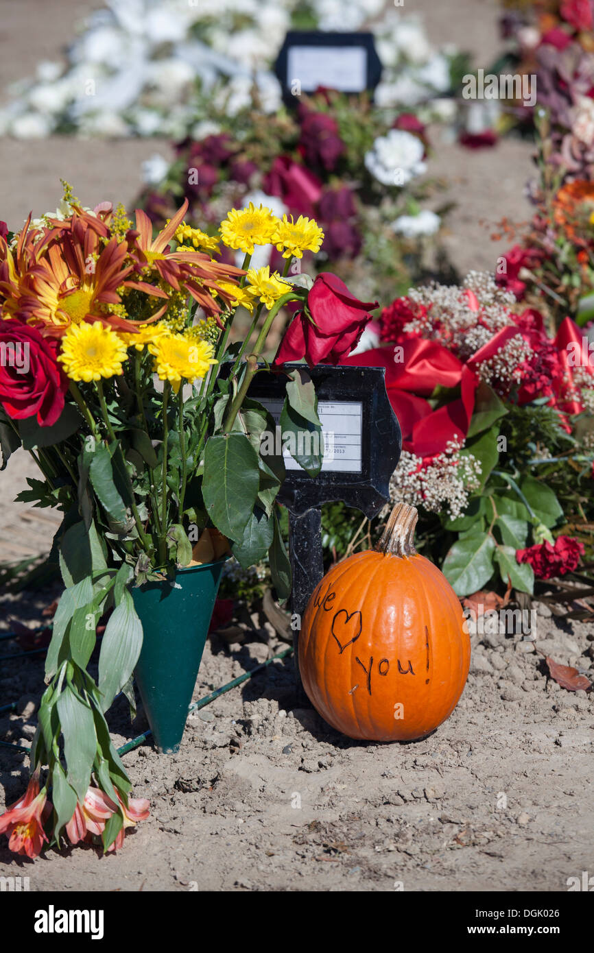 A pumpkin and flowers left on the grave of a recently-buried veteran at ...