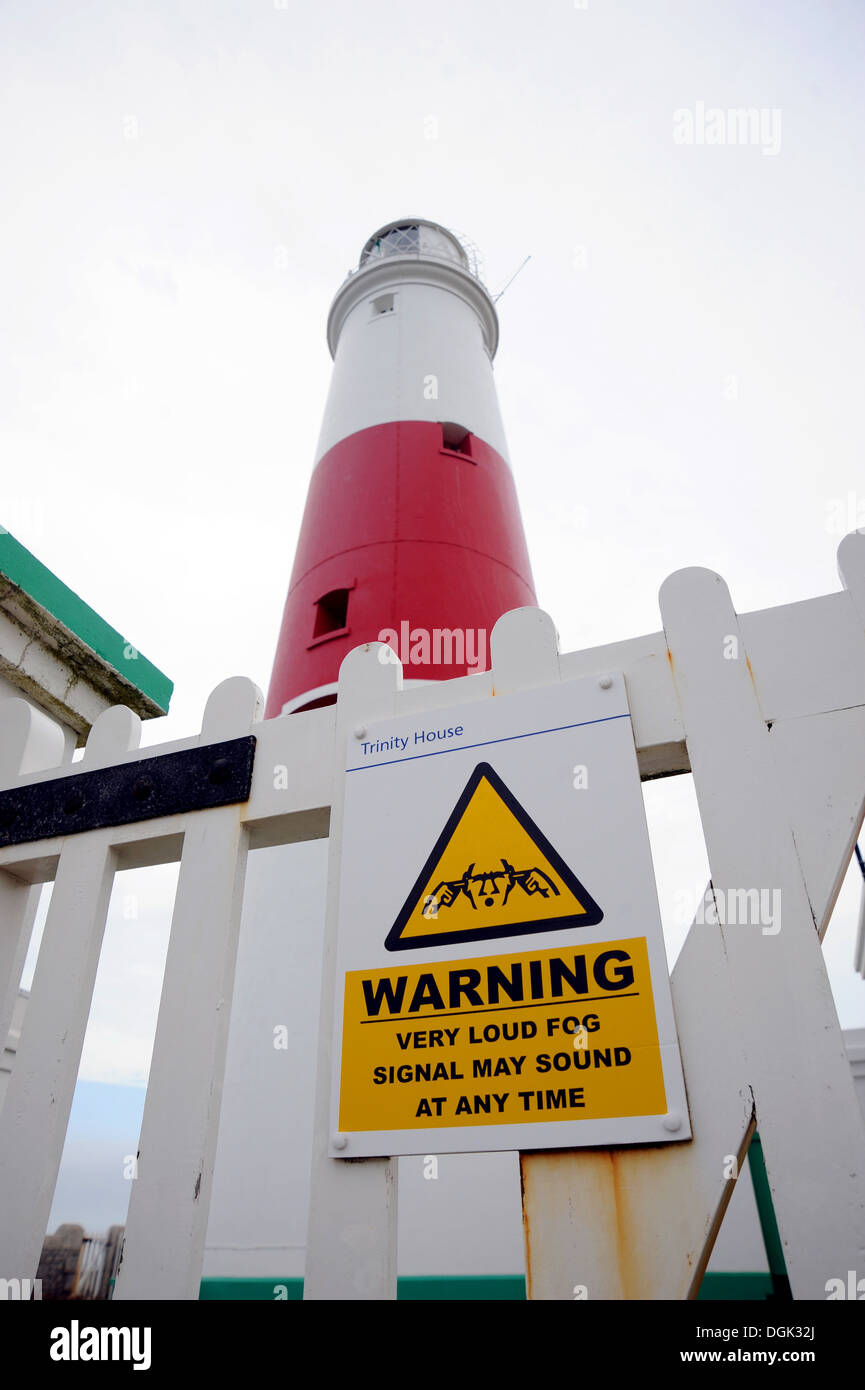 Portland Bill lighthouse with loud fog horn warning sign Dorset coast ...