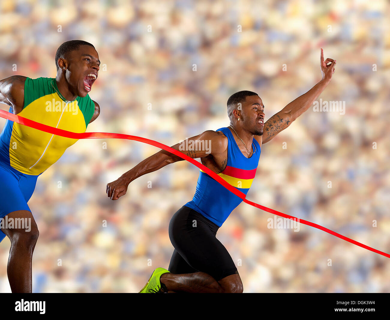 Two athletes reaching finishing line Stock Photo - Alamy
