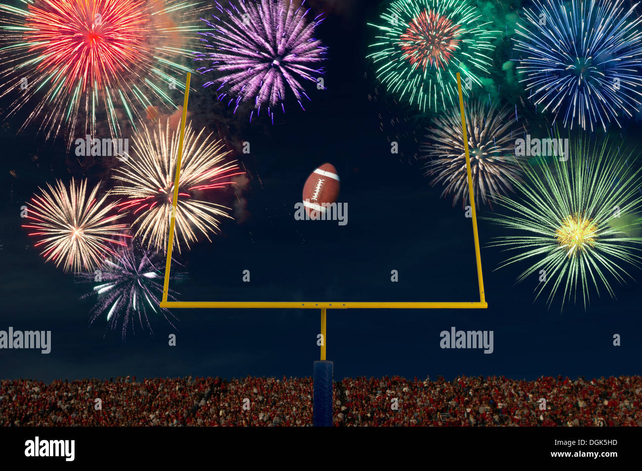 Fireworks, american football and goal at night Stock Photo - Alamy