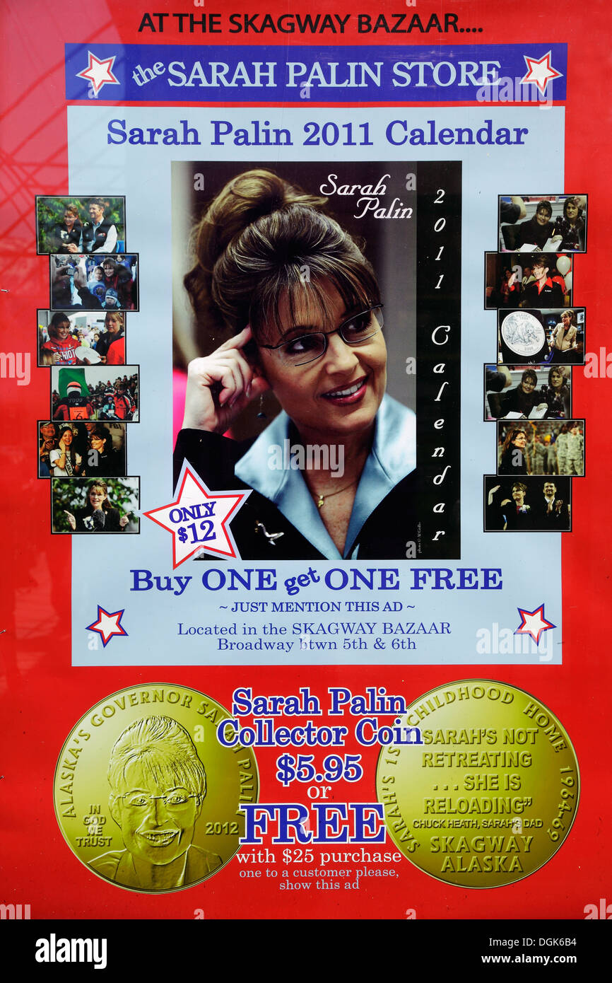 A scary Sarah Palin poster in shop window in Skagway in Alaska Stock ...