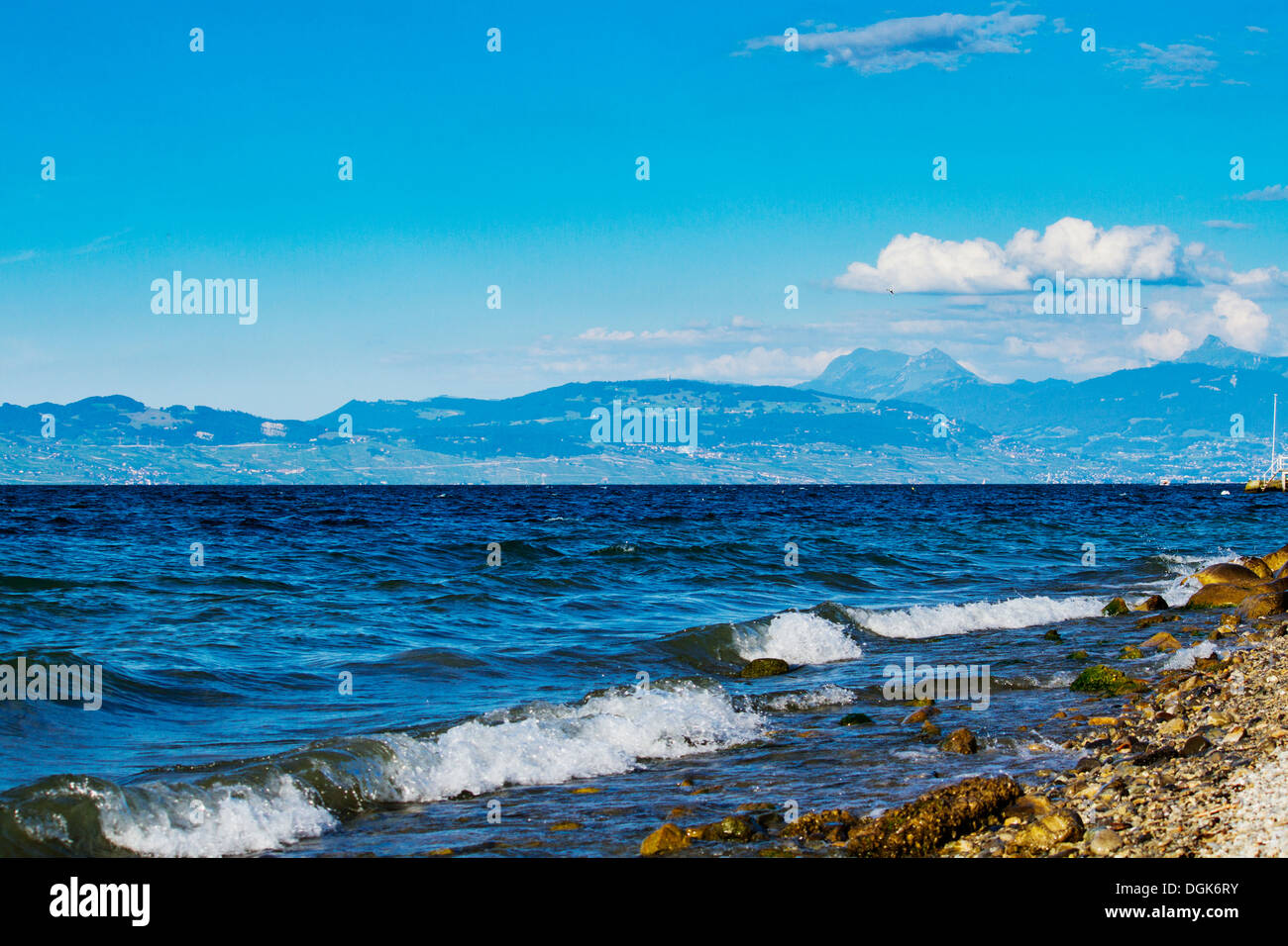 Geneva or Lemman Lake in Swiss with the Alps in background Stock Photo ...