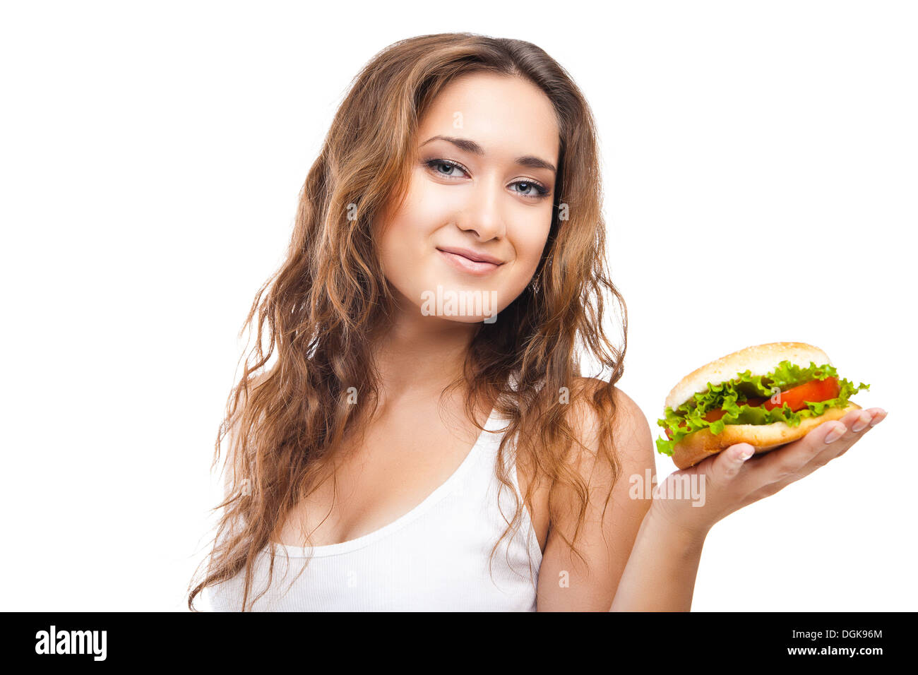 Happy Young Woman Eating big yummy Burger isolated Stock Photo - Alamy