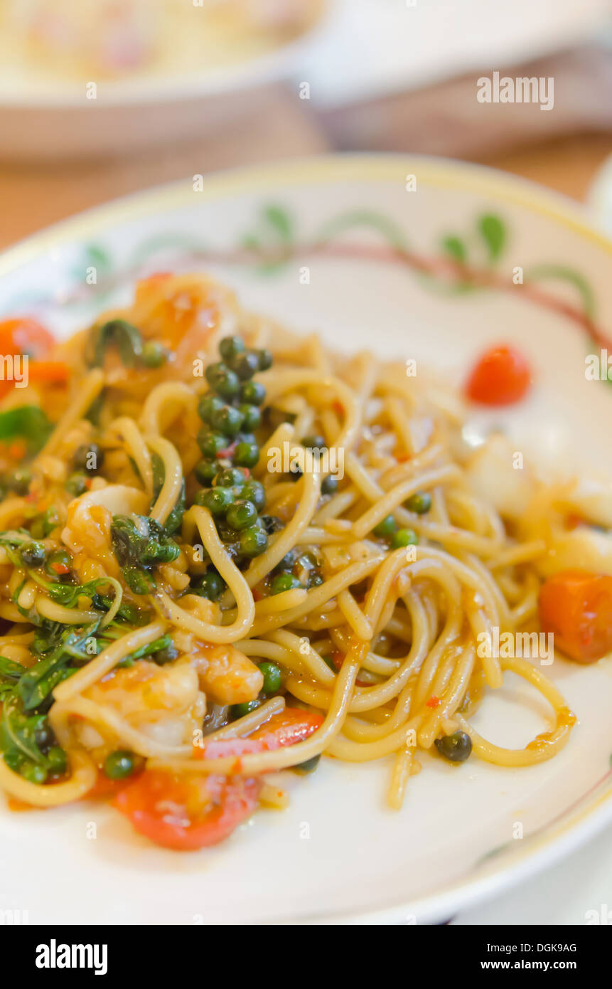 Stir Fried spicy spaghetti with shrimp and mix vegetable Stock Photo ...