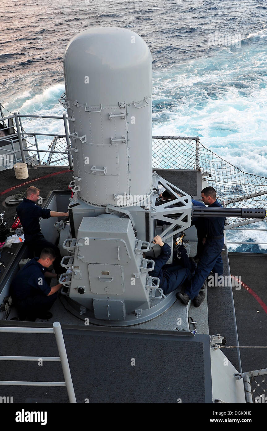 Sailors conduct routine maintenance on a close-in weapons system (CIWS ...