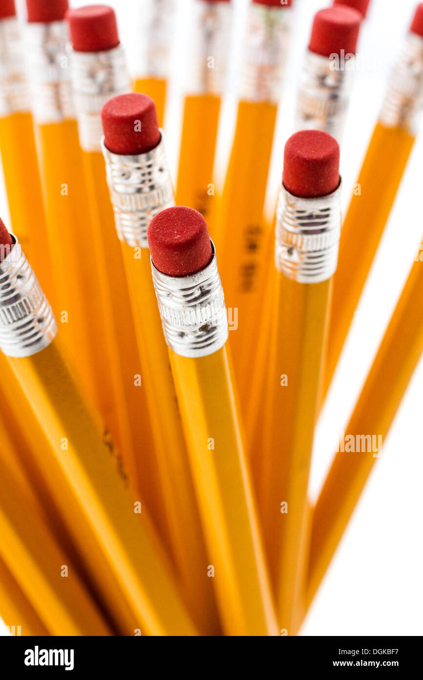 Classic yellow pencils with red eraser on a white background Stock ...