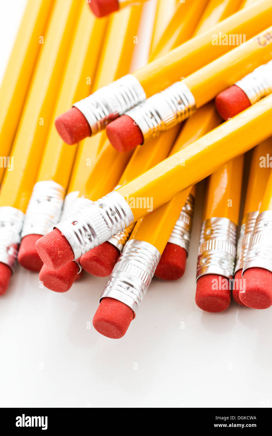 Classic yellow pencils with red eraser on a white background Stock ...
