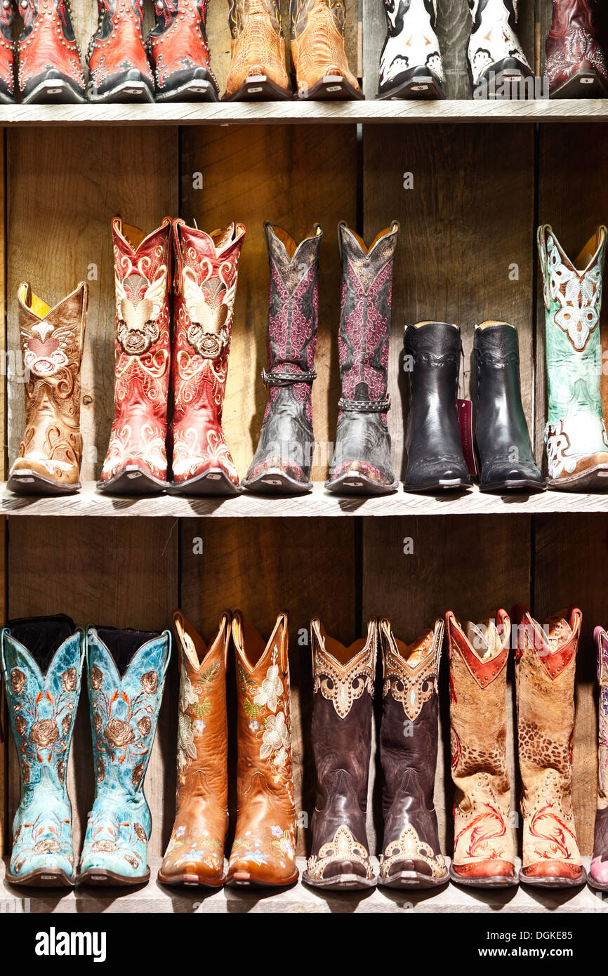 Western cowgirl boots outside a shop in Santa Fe in New Mexico Stock ...