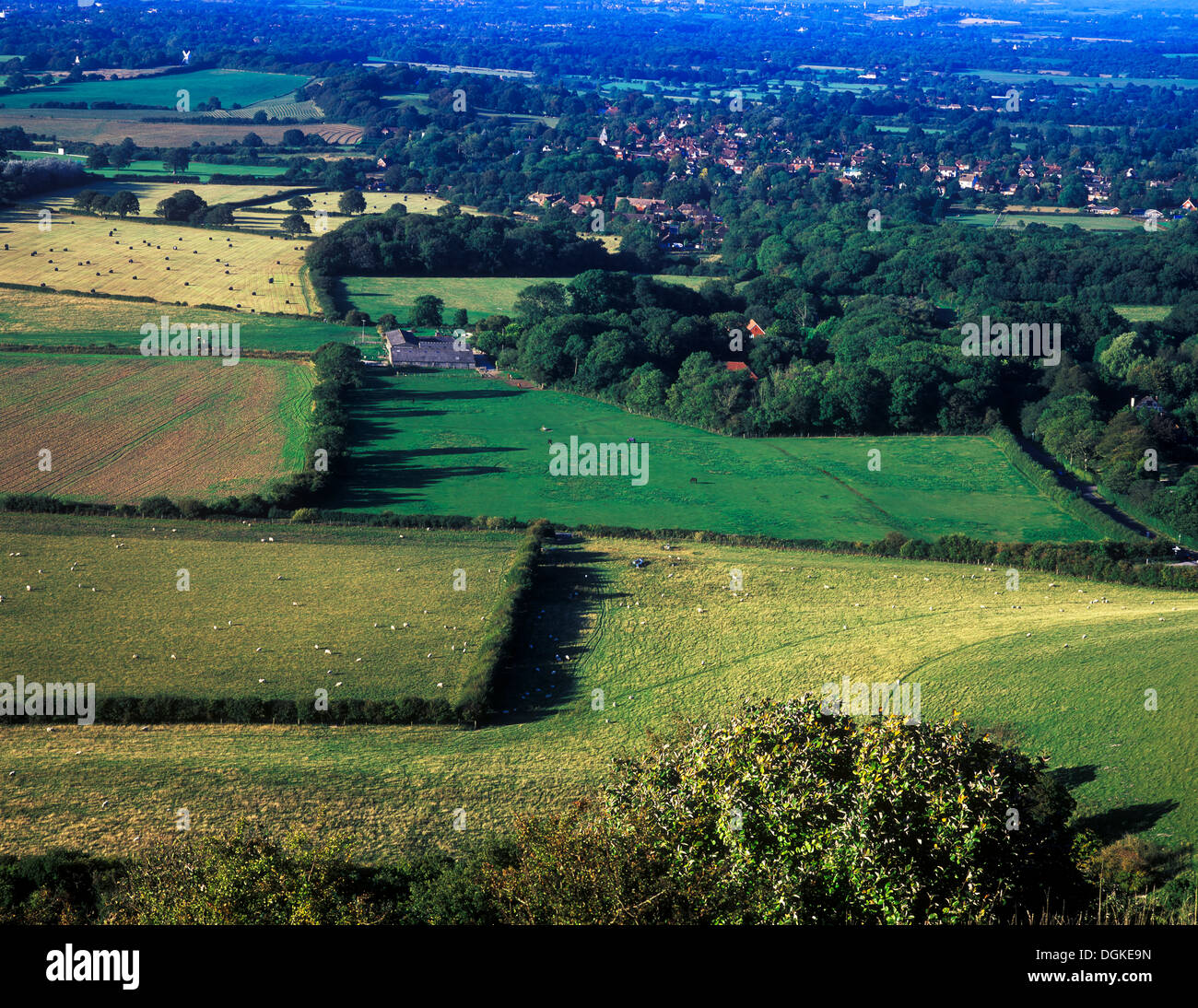 View towards Ditchling village from the South Downs at Ditchling Down ...
