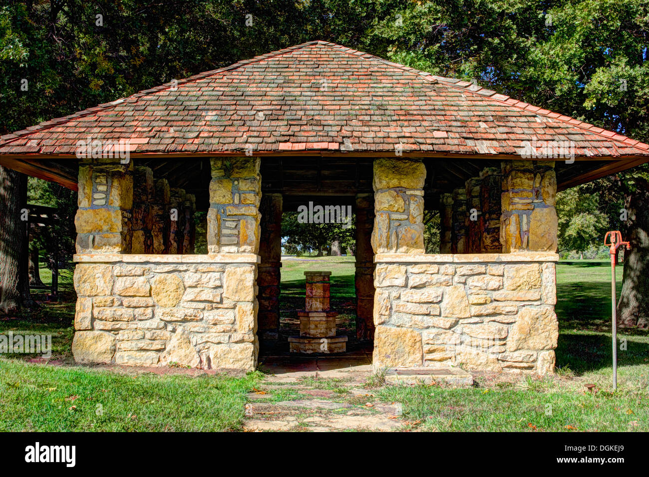 Stone and wood pavilion Stock Photo - Alamy