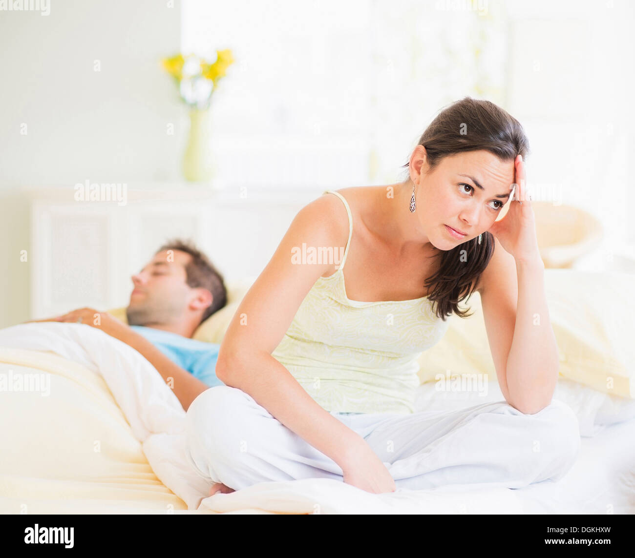Depressed woman home in bedroom hi-res stock photography and images - Alamy