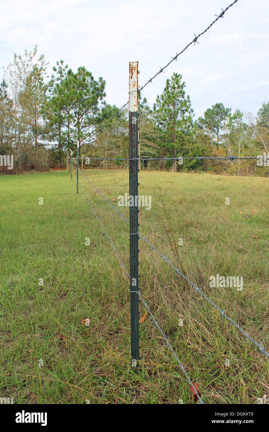 Fence post in a field Stock Photo - Alamy