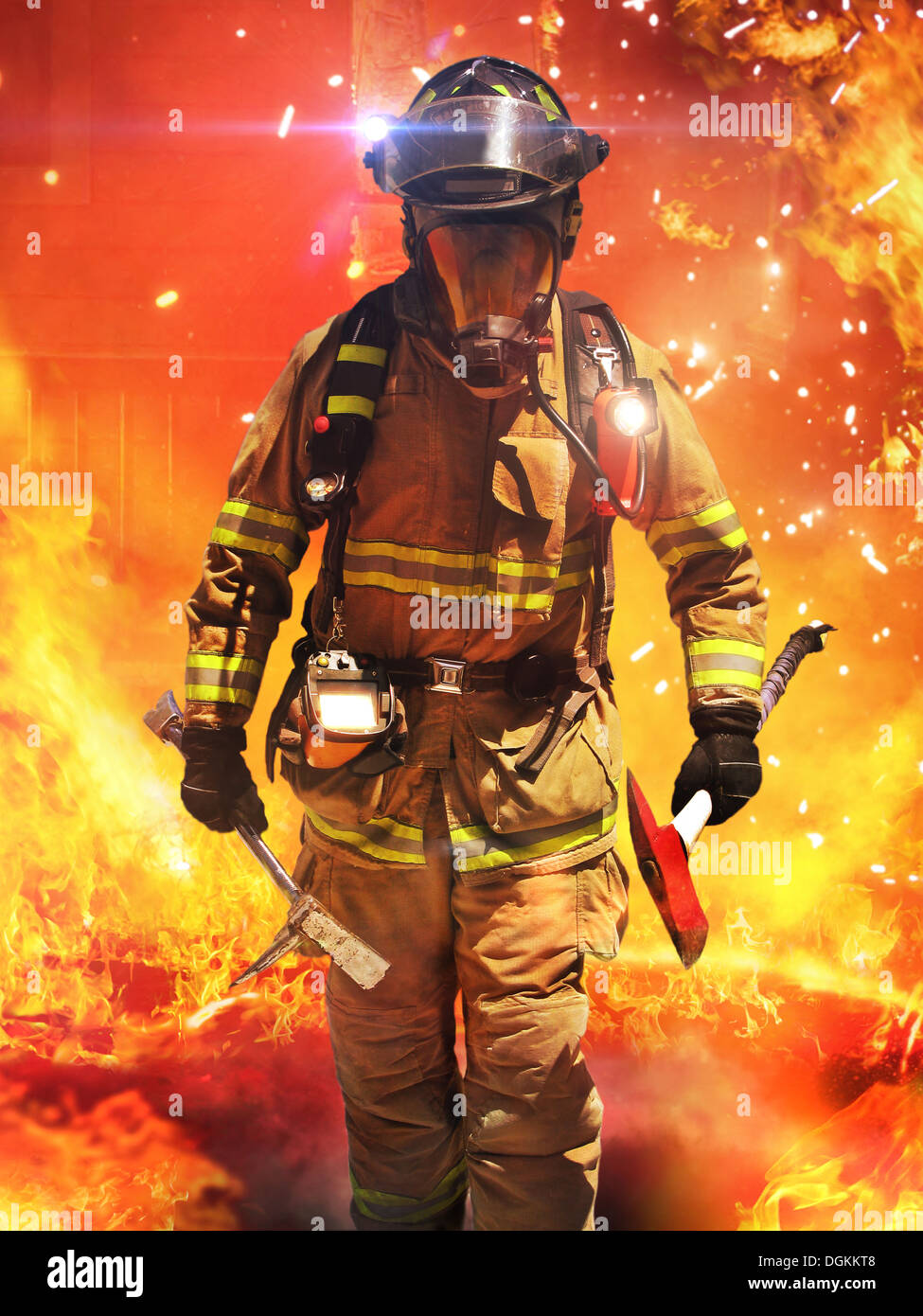 Firefighter searching, first responder coming from fiery inferno of ...