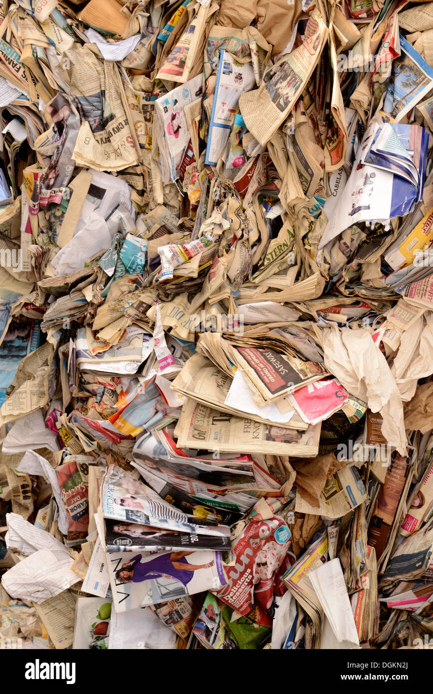 Bale of magazines and newspaper at the recycling collection facility in ...