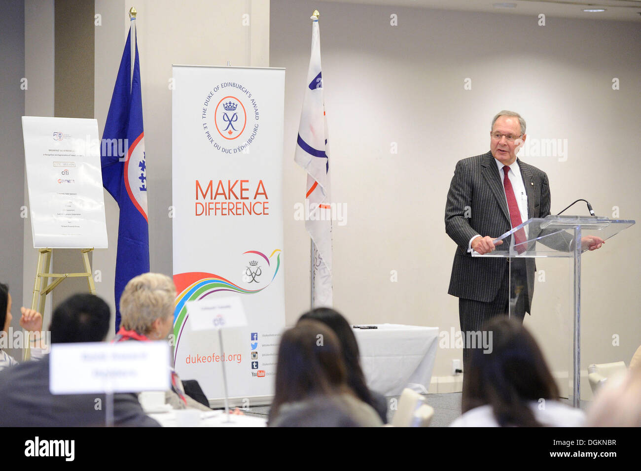 Toronto, Canada. 22nd Oct 2013. Second Cup founder Frank O'Dea delivers ...