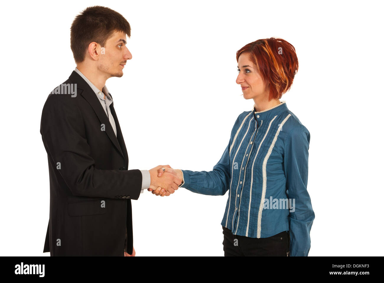 Business woman and man giving hand shake isolated on white background ...