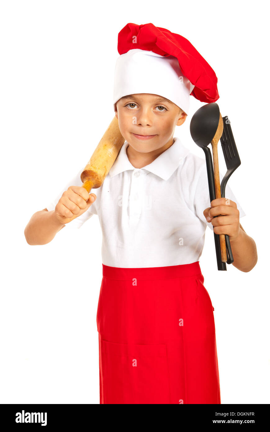 Chef boy holding kitchen utensils isolated on white background Stock ...