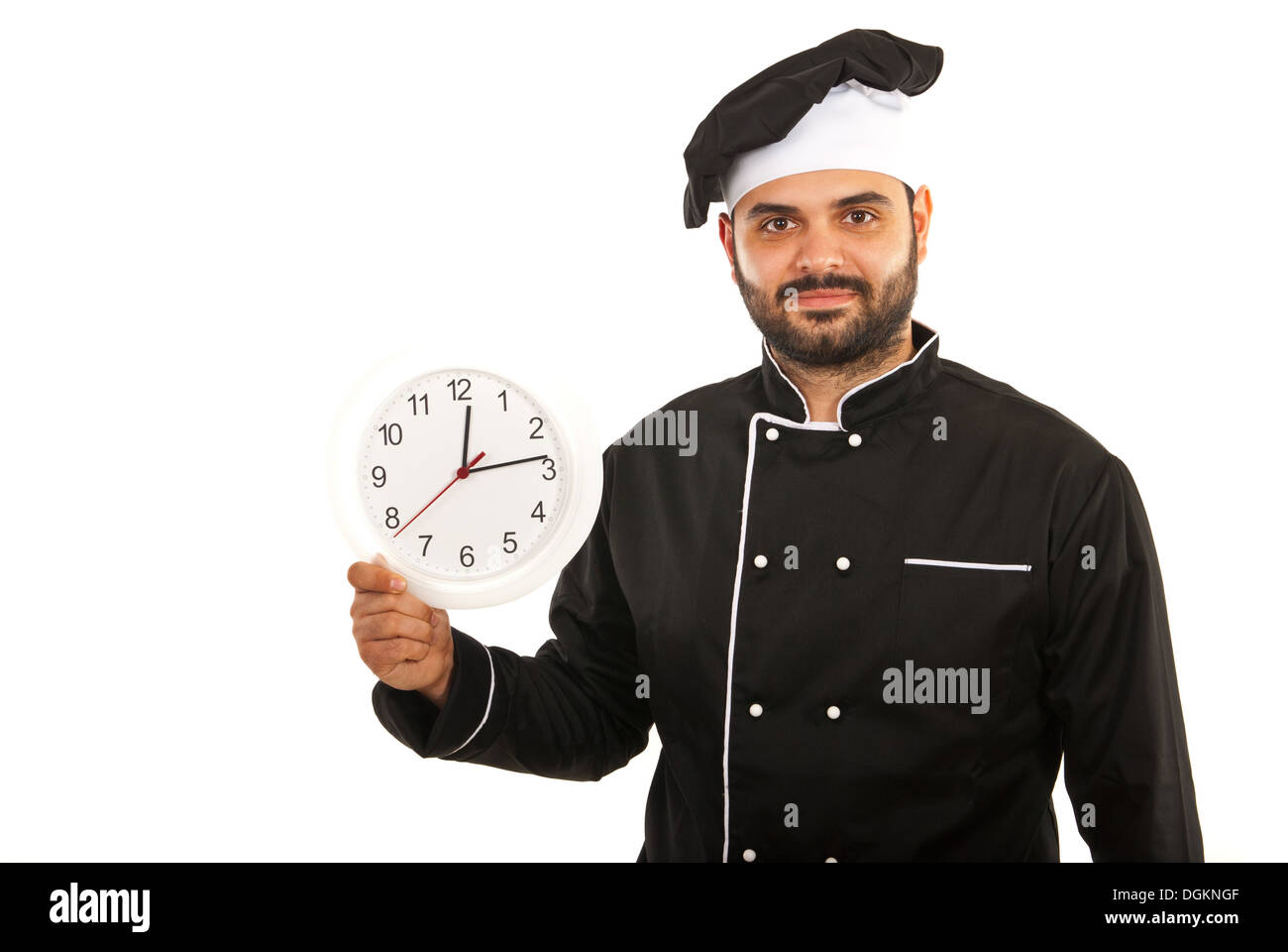 Chef male holding clock isolated on white background Stock Photo - Alamy