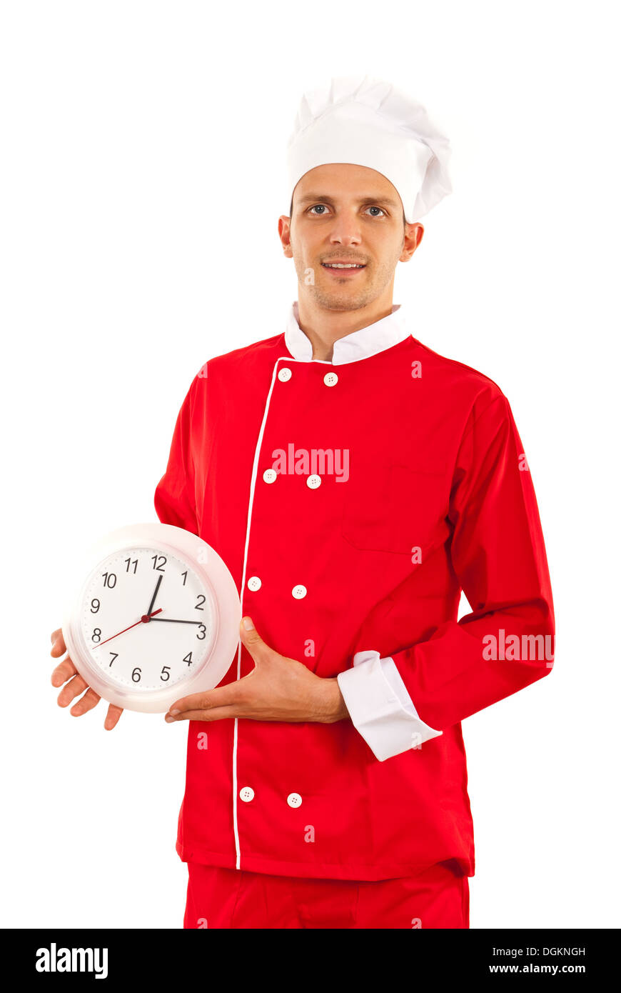 Proud chef man holding clock isolated on white background Stock Photo ...