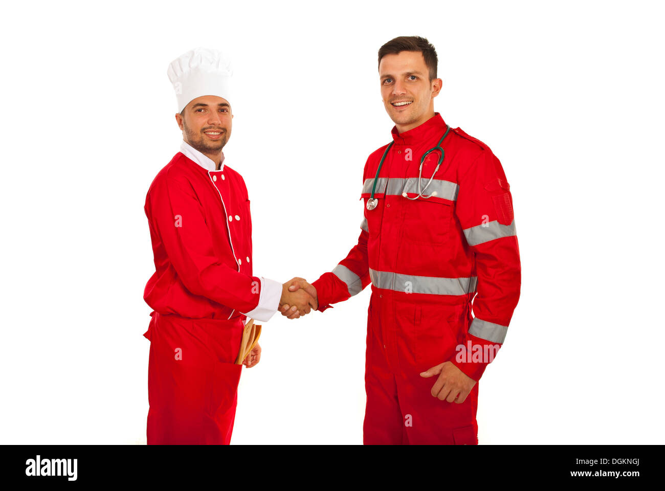 Handshake between paramedic and chef male isolated on white background ...