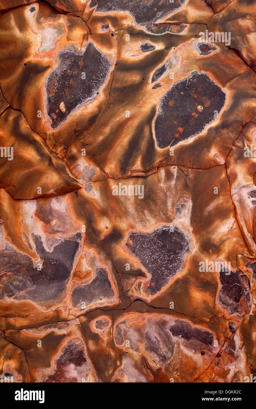 Iron, manganese and sulfur sediments, ceiling structure of a lava cave ...