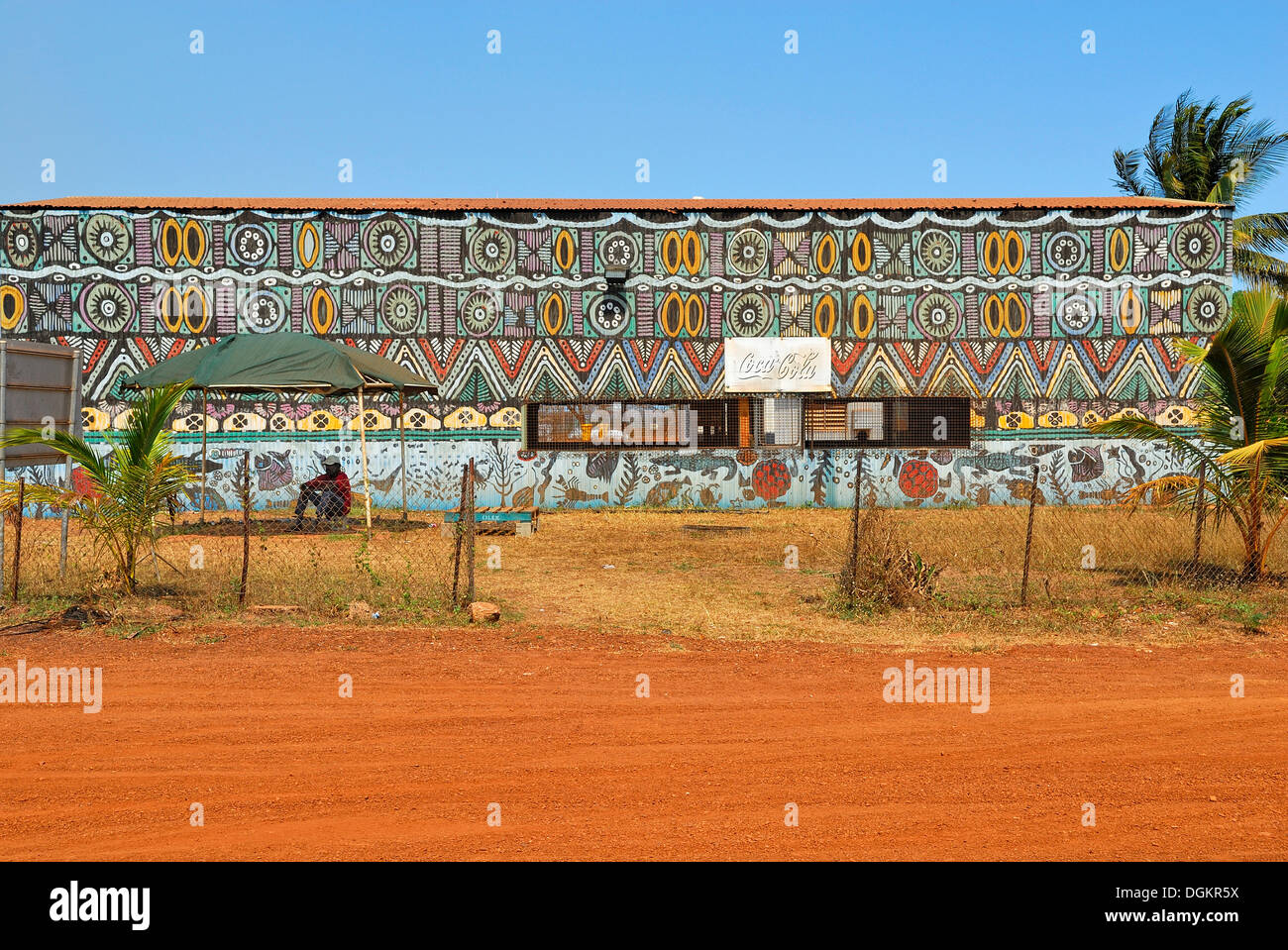 Workshop building painted with Aboriginal patterns, Tiwi Islands ...