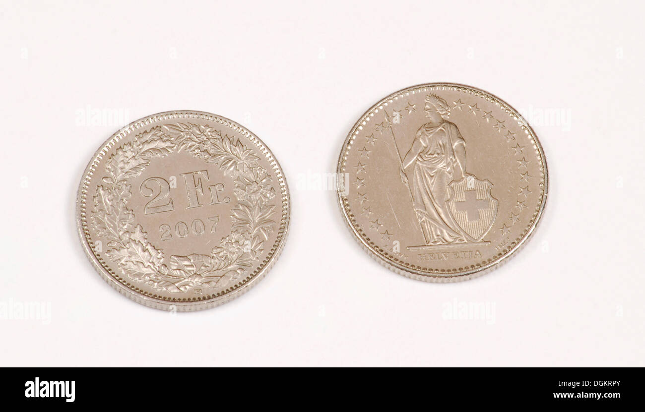 Swiss 2 francs coin, front and rear Stock Photo - Alamy