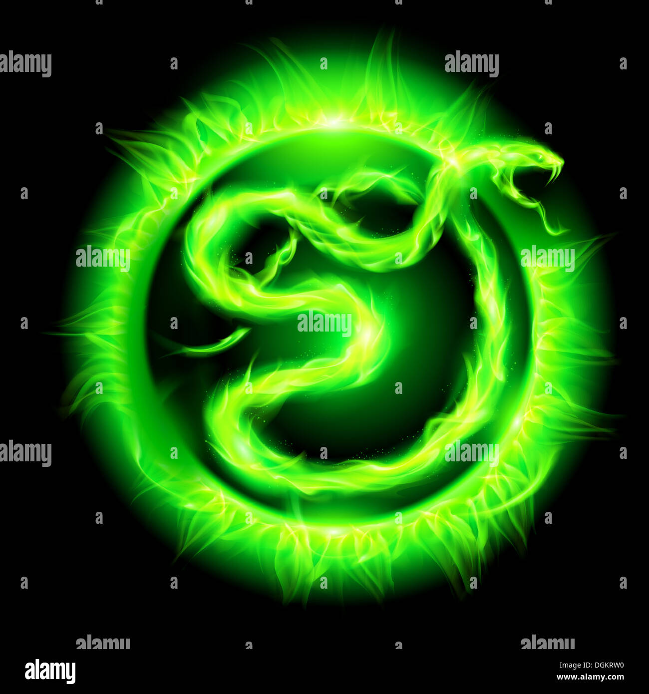 Green fire snake in blazing circle on black background Stock Photo - Alamy