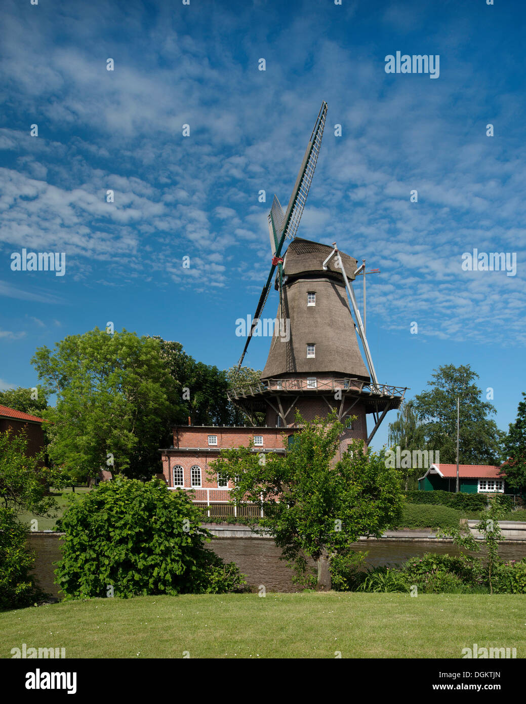 A Dutch three-storey windmill with a gallery, landmark of Hinte, East ...