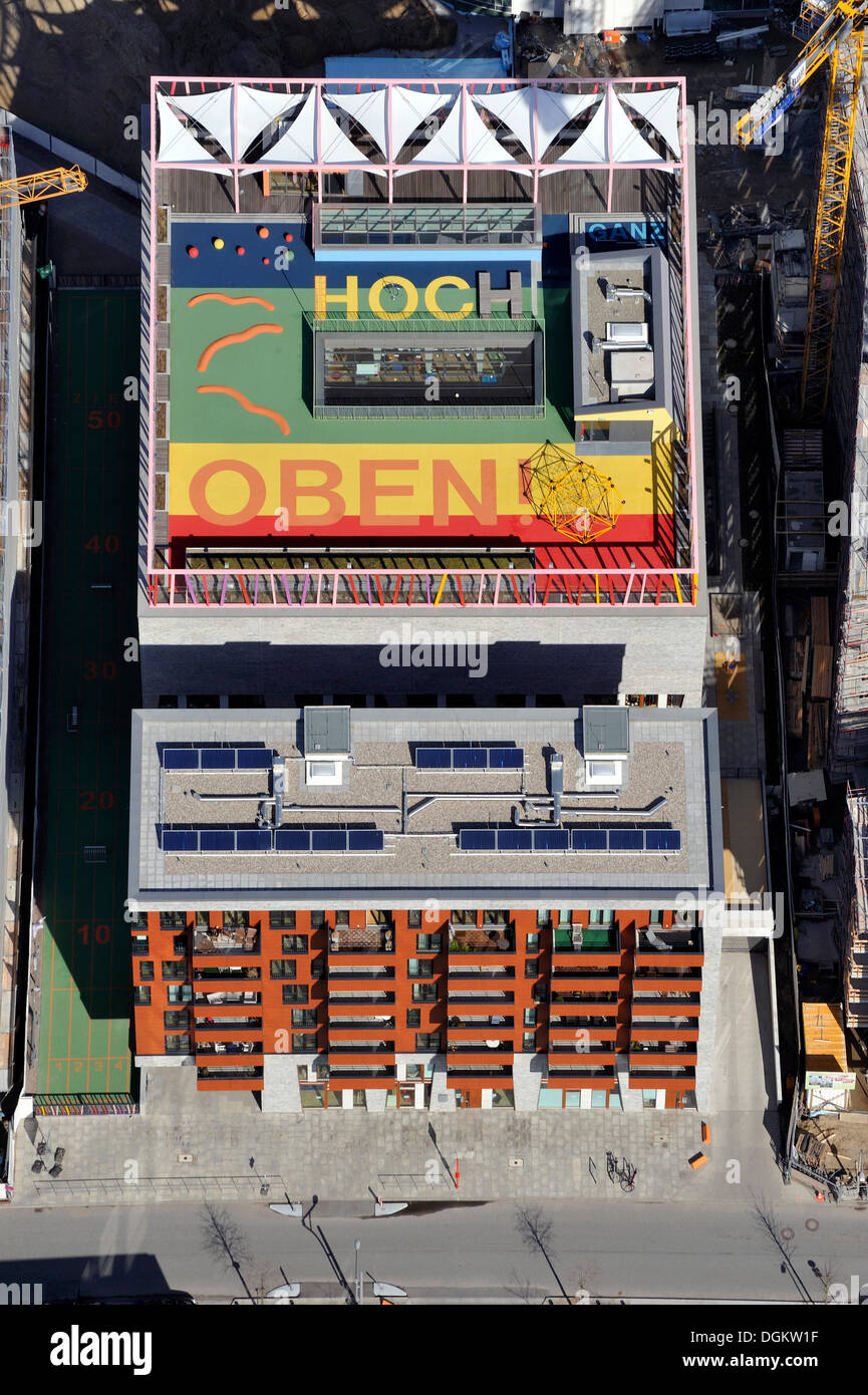 Aerial view, message "Ganz hoch oben", German for "very high up", on ...