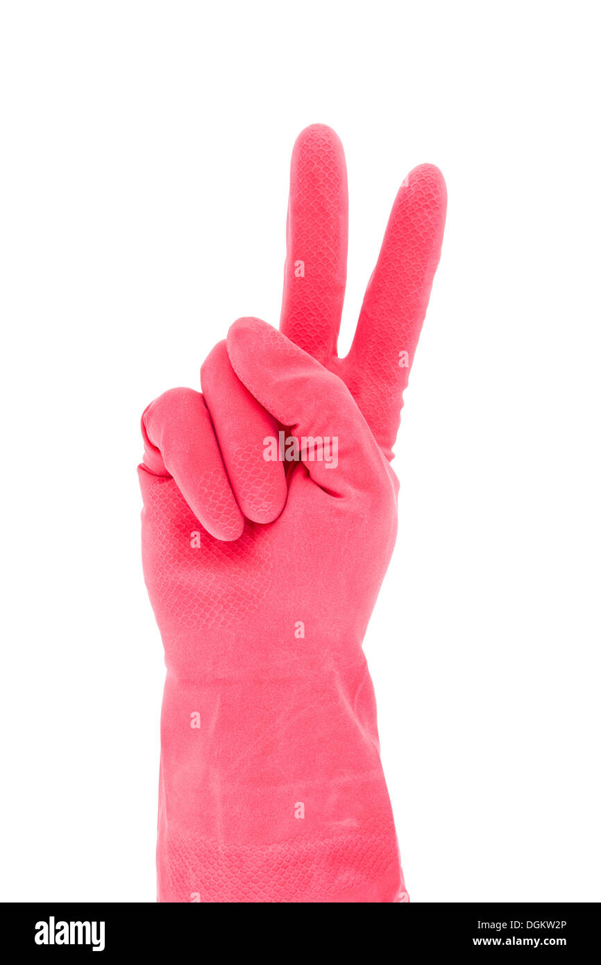 Hand in red rubber glove gesturing victory sign. Isolated on white ...