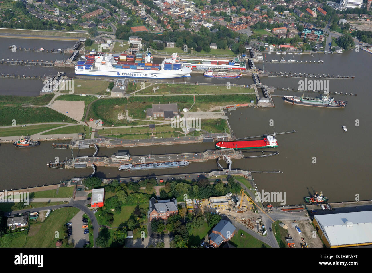 Lock of the Kiel Canal, German: Nord-Ostsee-Kanal, NOK, aerial photo, Brunsbüttel, Schleswig ...