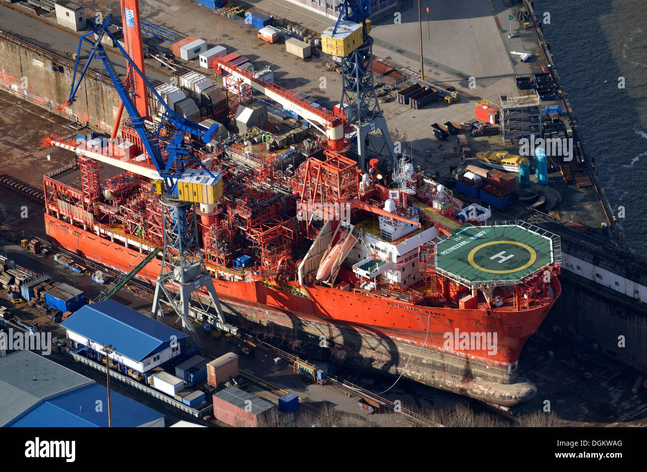 Aerial view, specialized ship, Petrojarl Banff, being overhauled at the ...