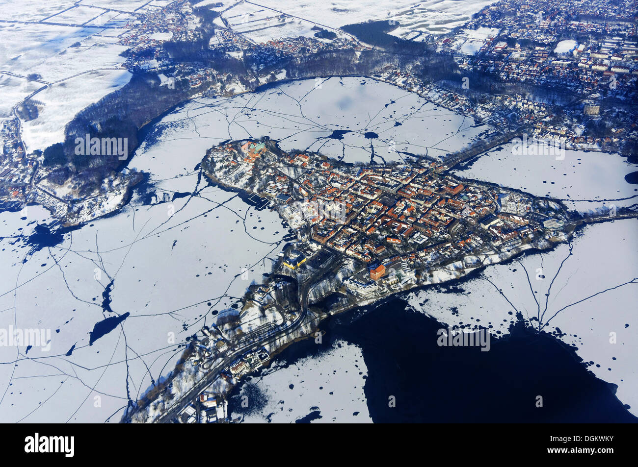 Aerial view, town of Ratzeburg in the winter, ice on Ratzeburger See ...