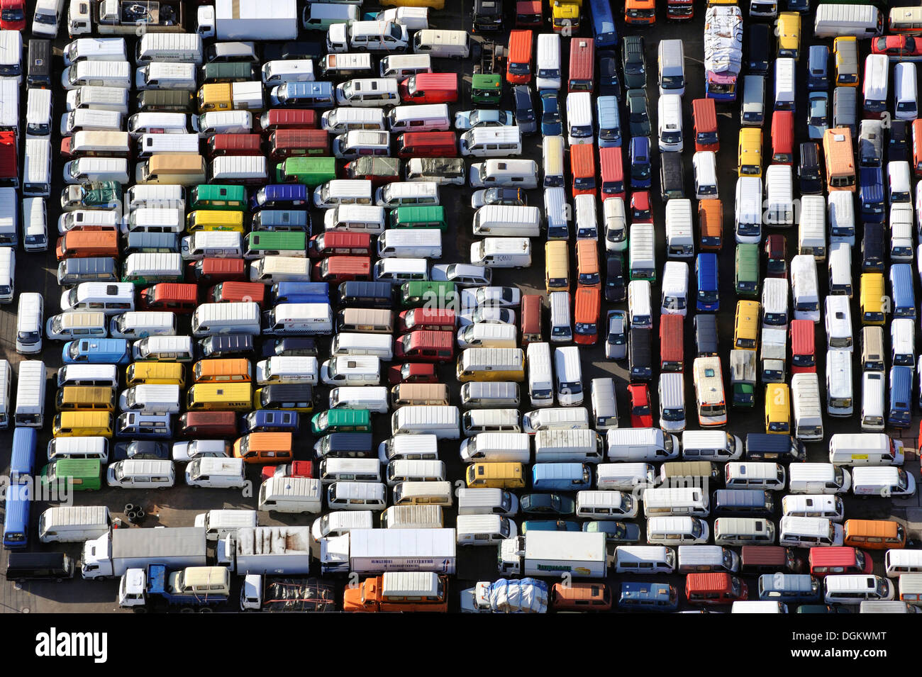 Aerial view, vehicles for Africa await transport in the Port of Hamburg ...