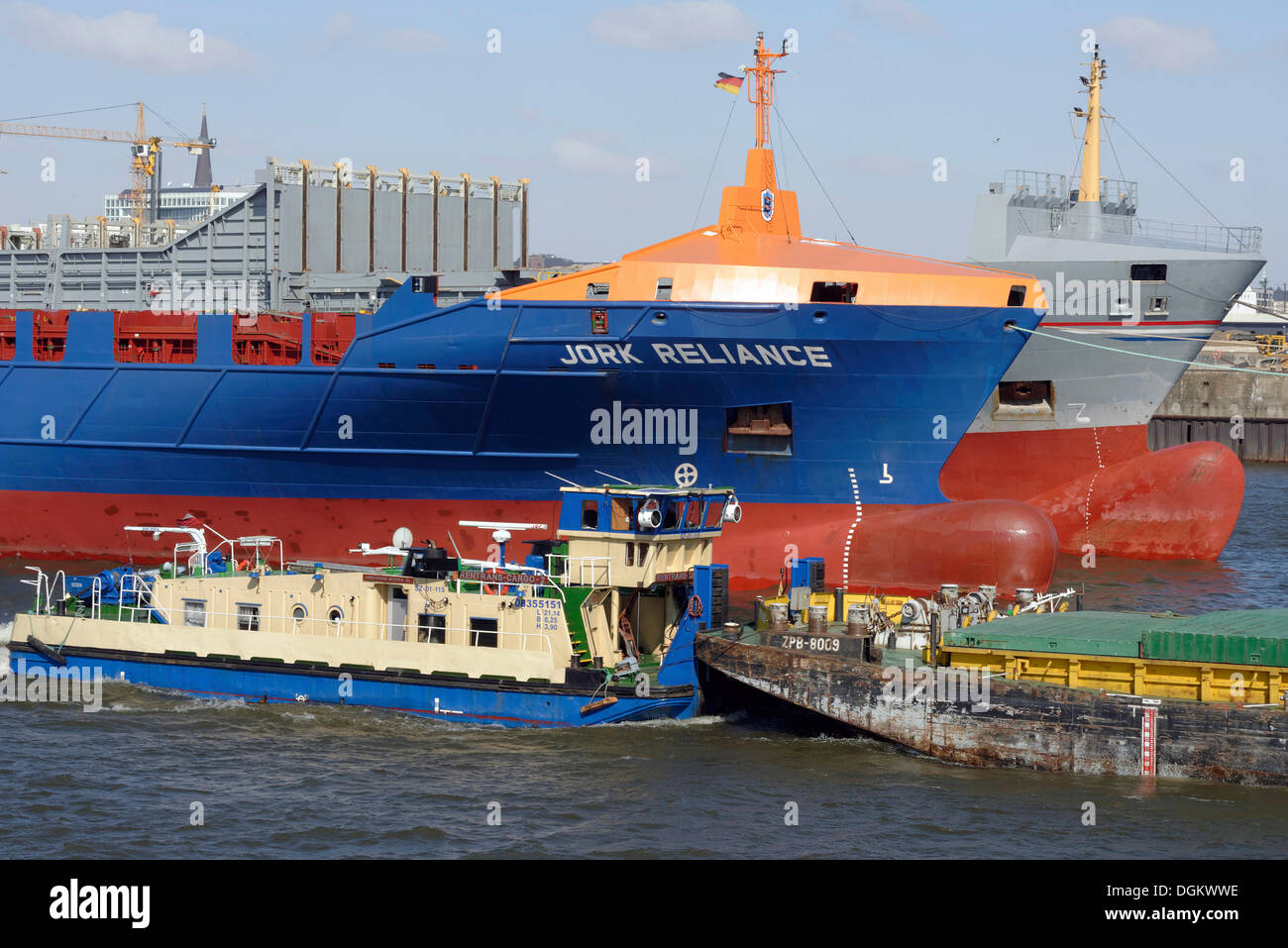 Towboat and feeder vessel on the Norderelbe River, Hamburg, Hamburg ...