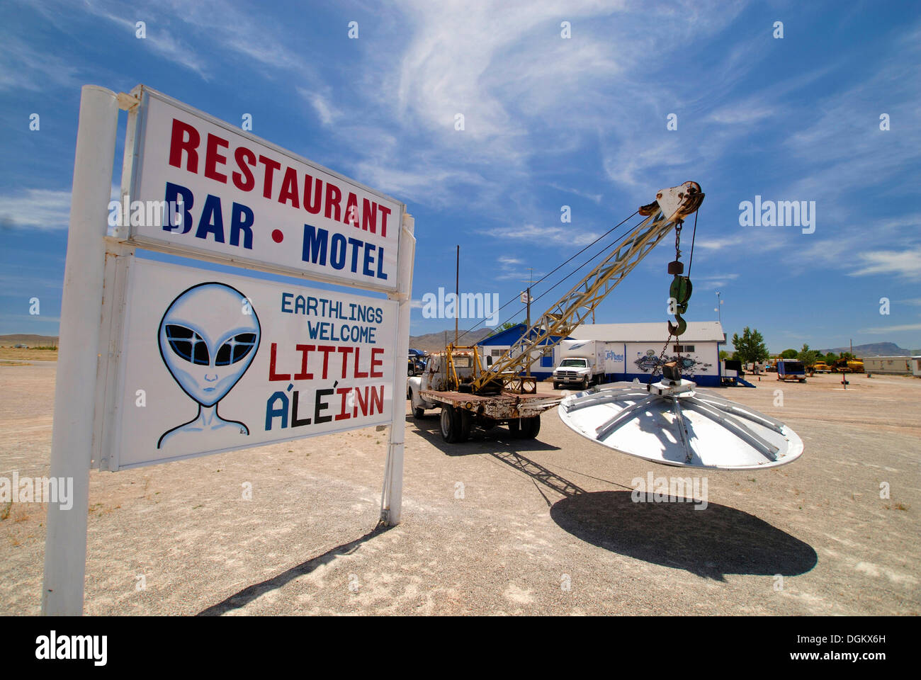 UFO hanging on the tow hook in the car park of the "Little A'Le'Inn ...