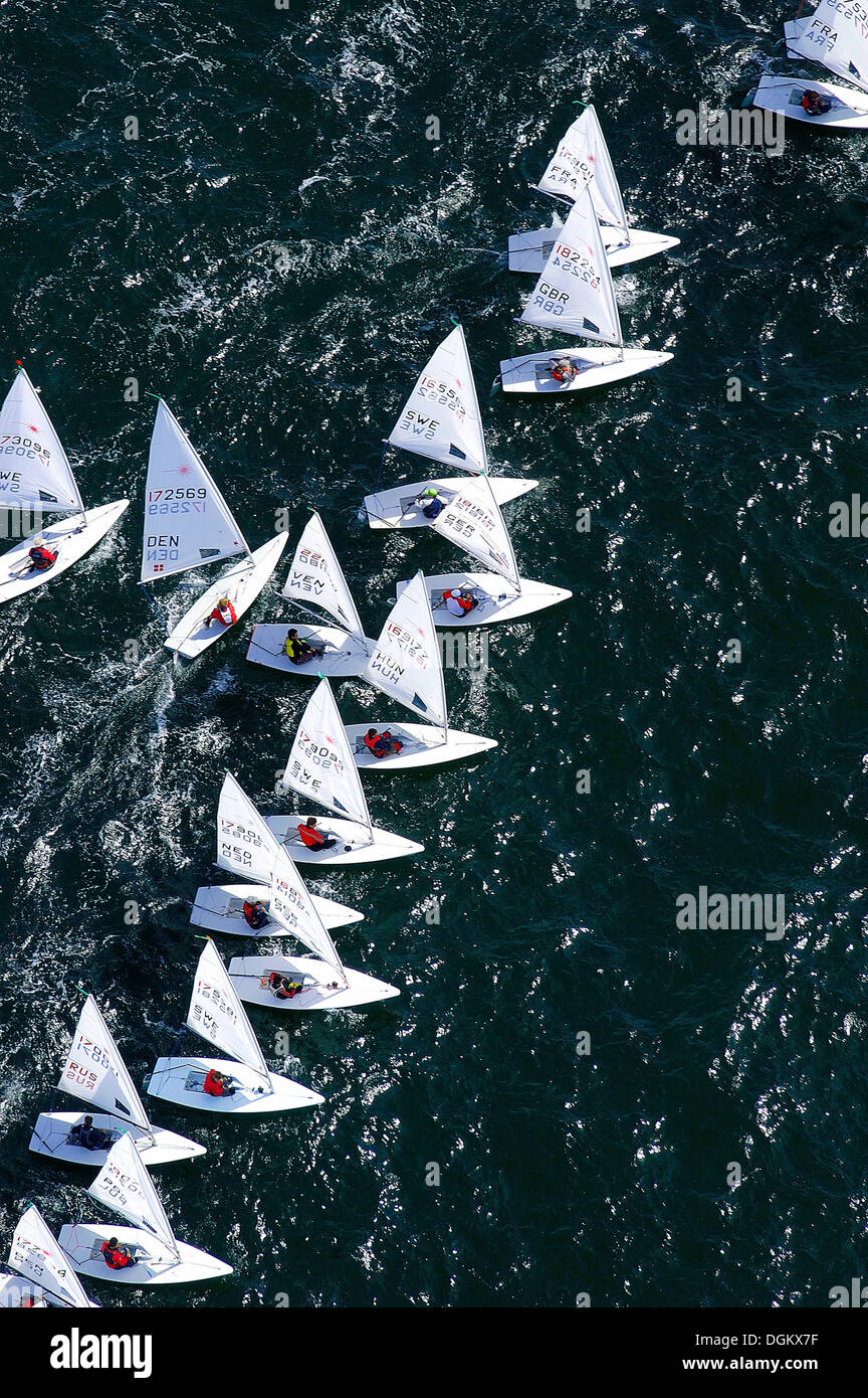 Aerial view, laser sailing boats during Kiel Week, start of a regatta ...
