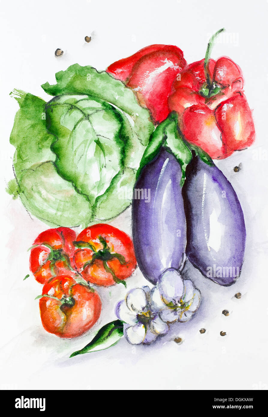 Vegetables Watercolor Painting Watercolor Tomato. Ripe Red Fruit With