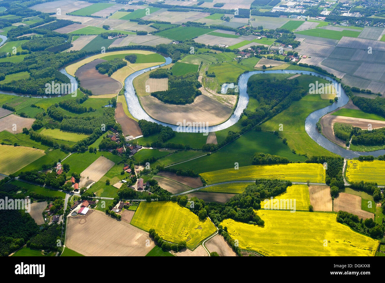 Aerial view, river landscape, Ems River, Emsbüren, Lower Saxony ...
