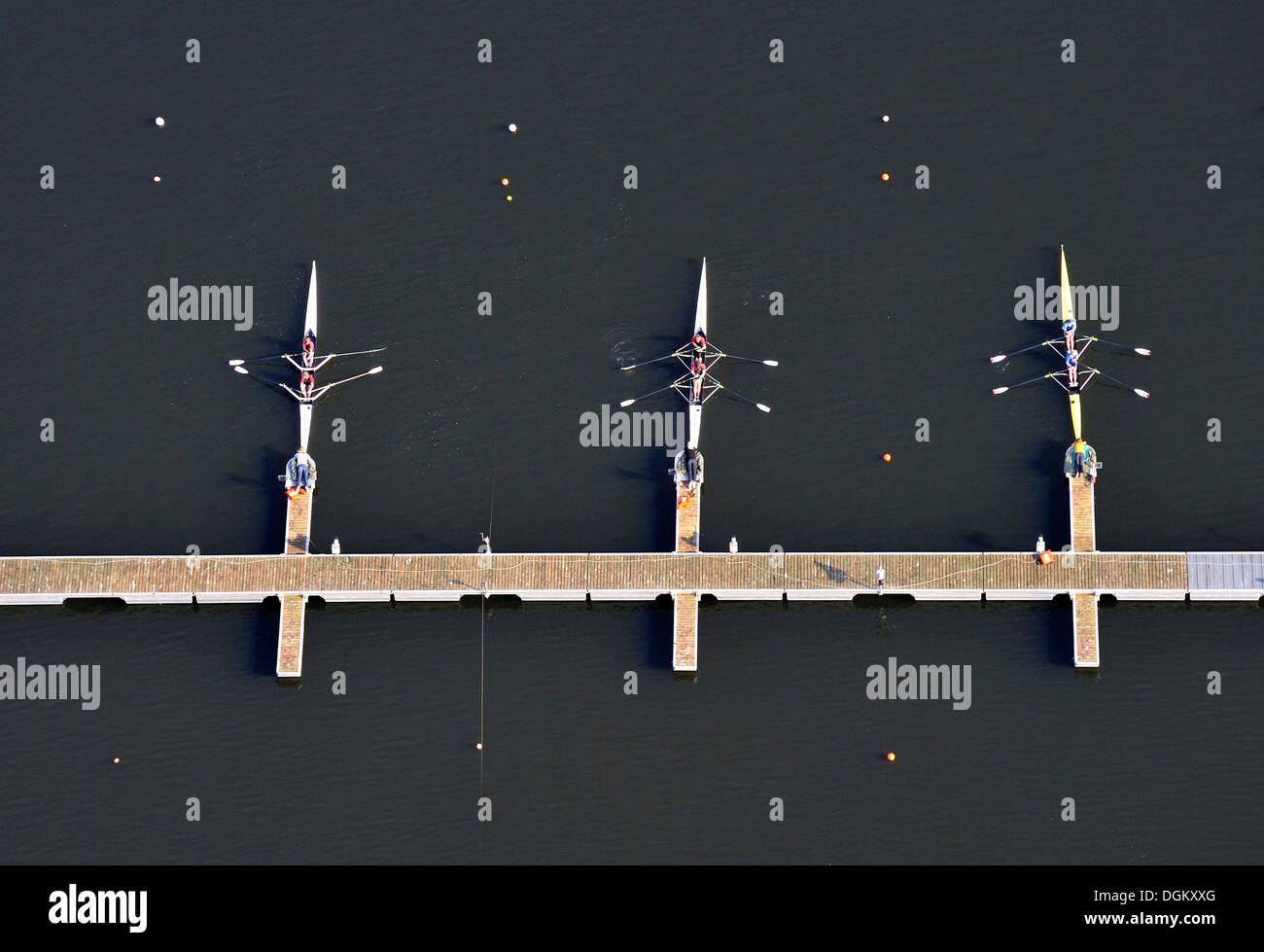 Aerial view, rowing competition, rowing boats at the start, Allermoehe ...