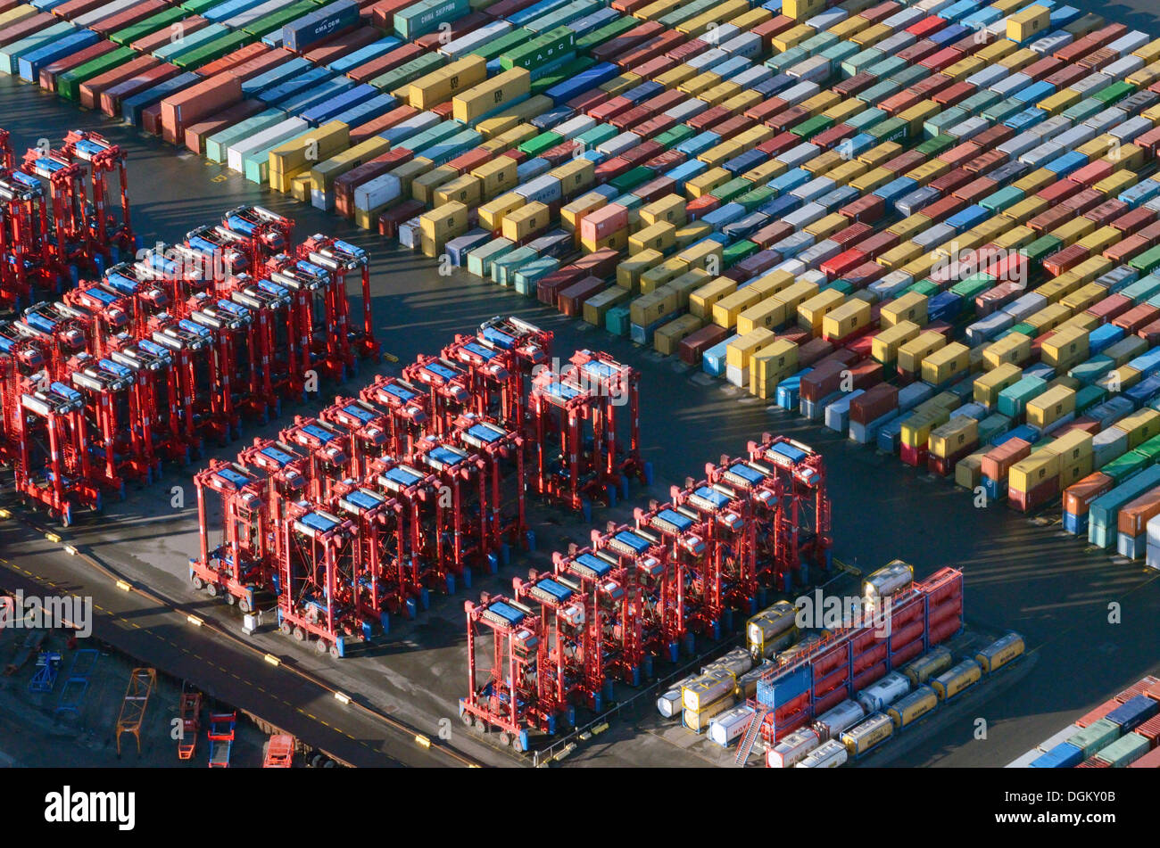 Aerial view, container Terminal, straddle carriers, van carriers or ...