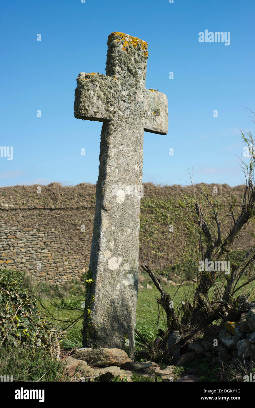 High stone cross at the ruins of St Mathieu monastery, cape Pointe de ...