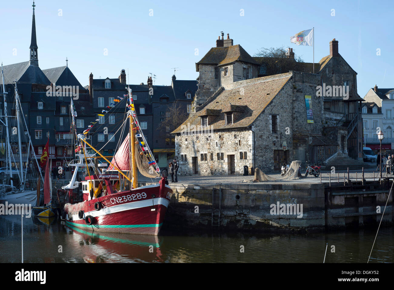Port basin with a boat, historical city gate, Honfleur, Normandy ...