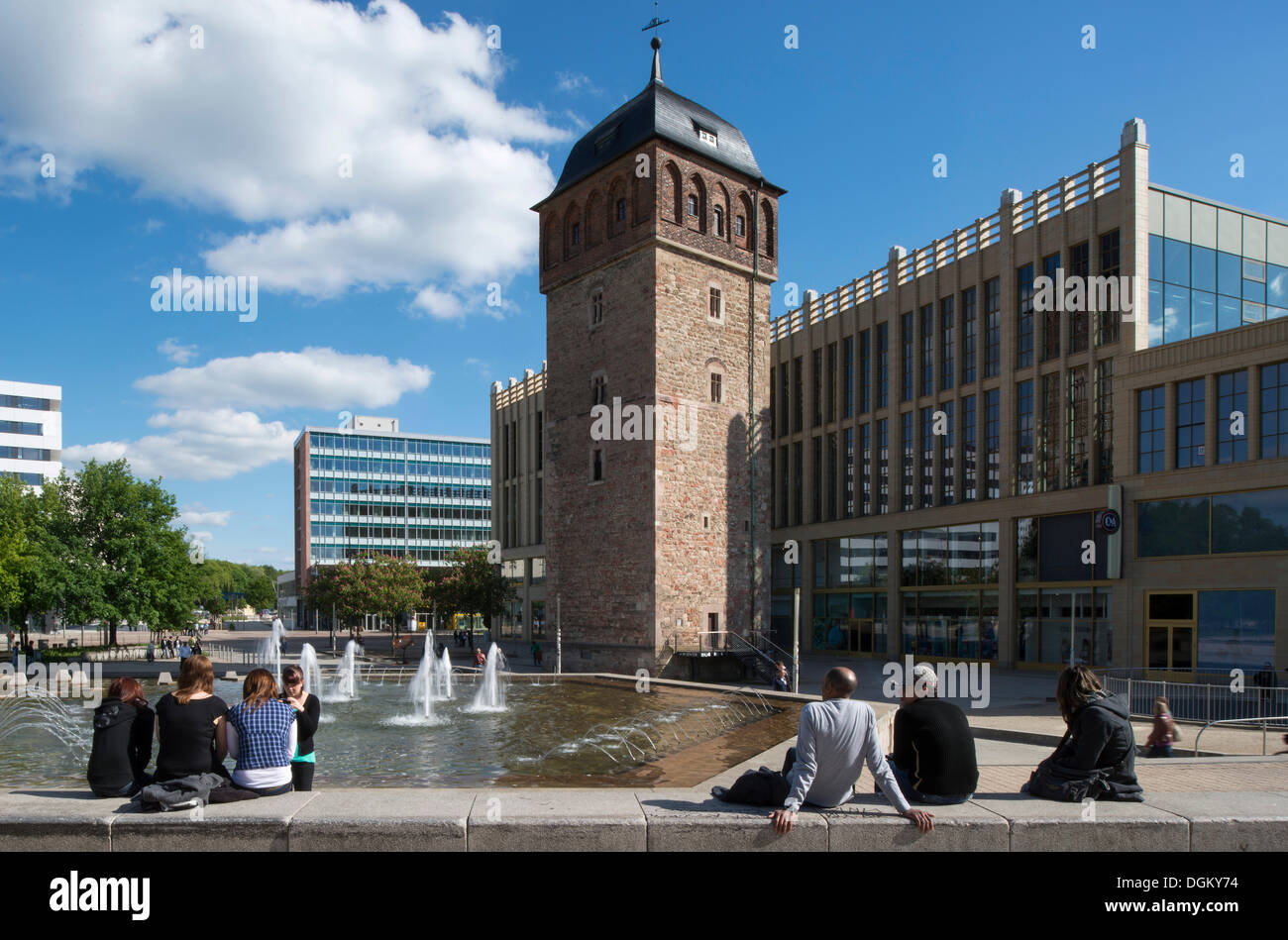 Fountain system and Roter Turm, red tower, Chemnitz, Saxony Stock Photo ...