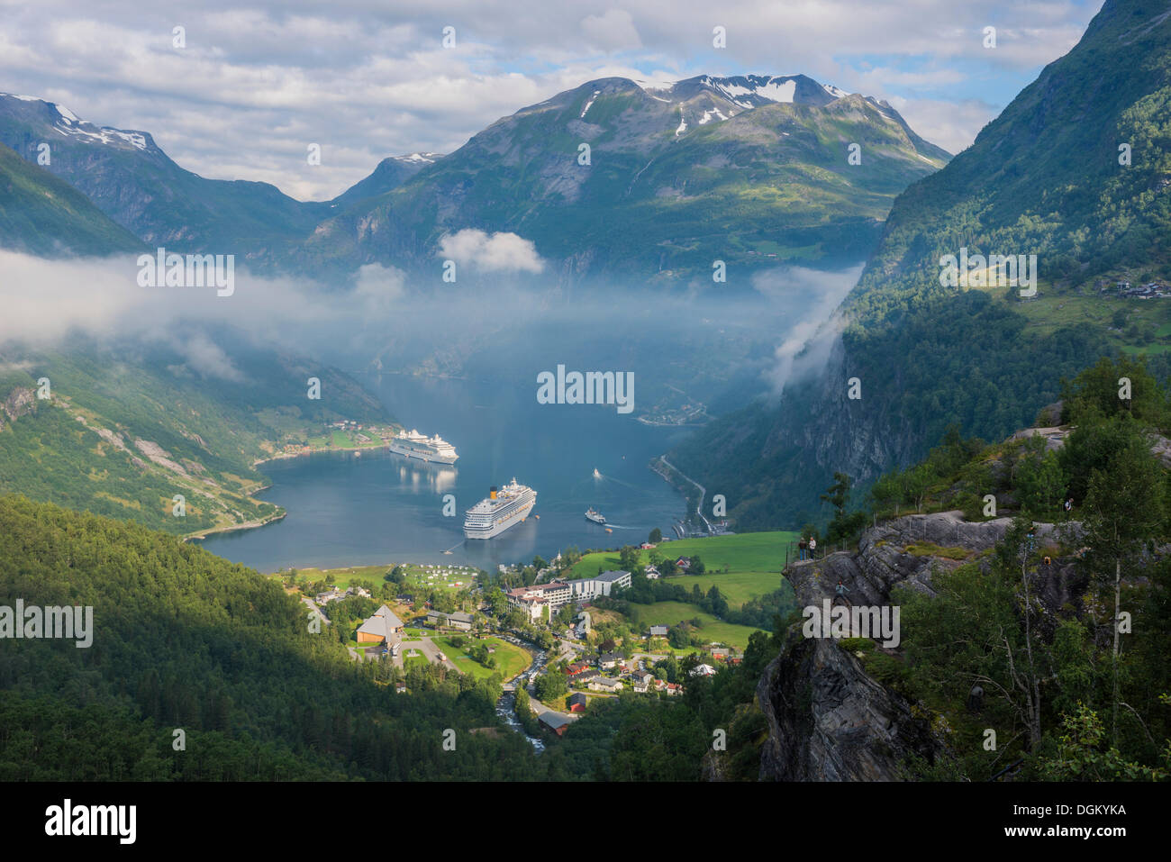 Geirangerfjord with cruise ships, view from the lookout point of ...