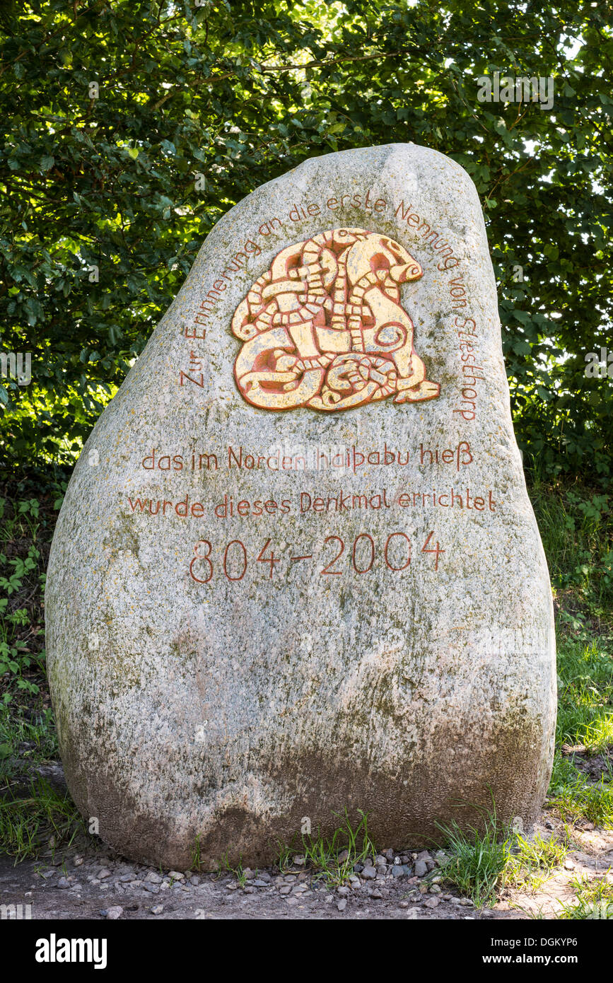 Memorial stone with an inscription, boulder, Hedeby Viking Museum, open ...