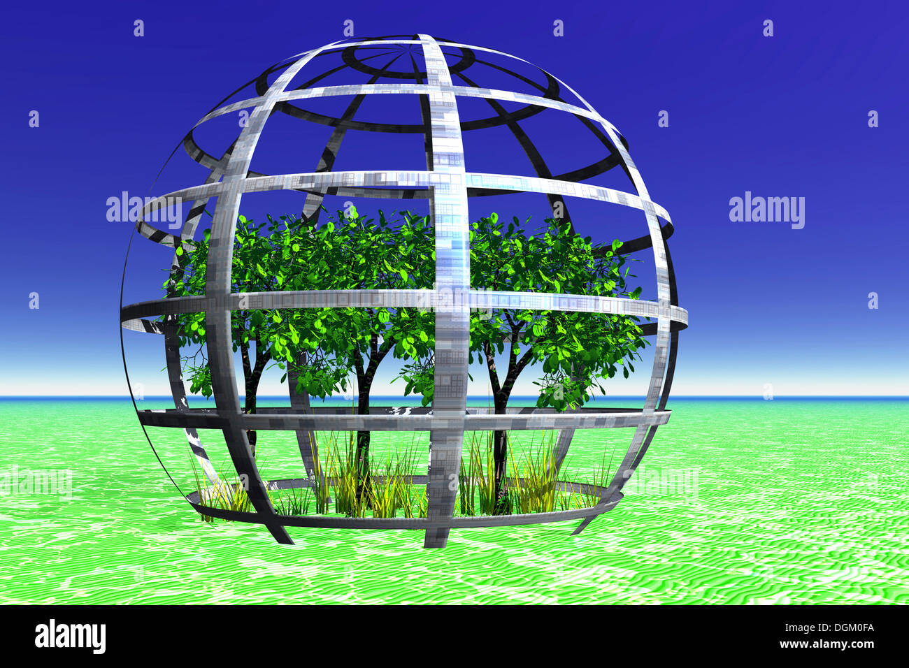 Environmental protection, three trees within a lattice sphere, 3D ...