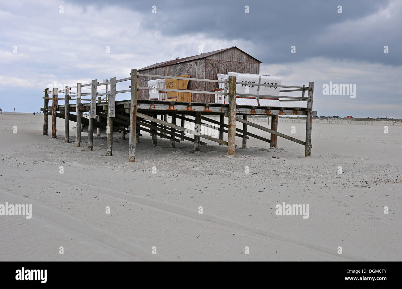 Building built on stilts, beach on the North Sea, St. Peter-Ording ...